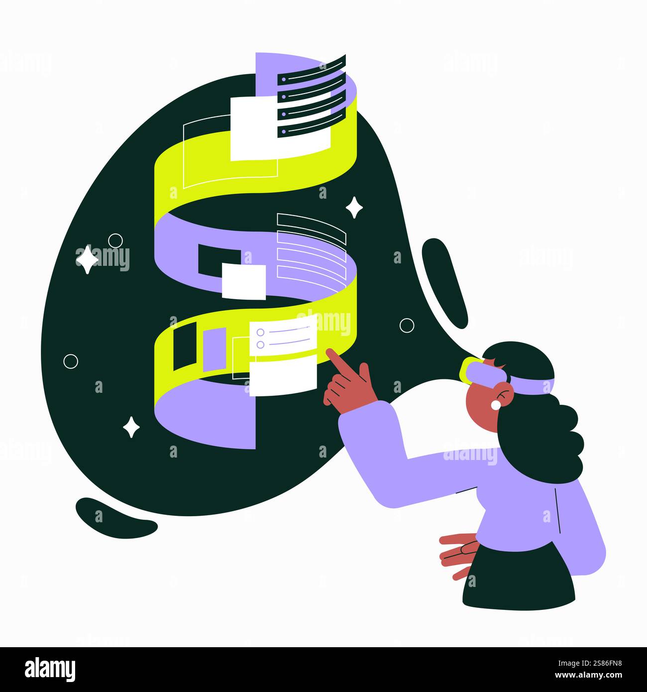 Female Character Browsing Digital Files In Flat Vector Illustration ...