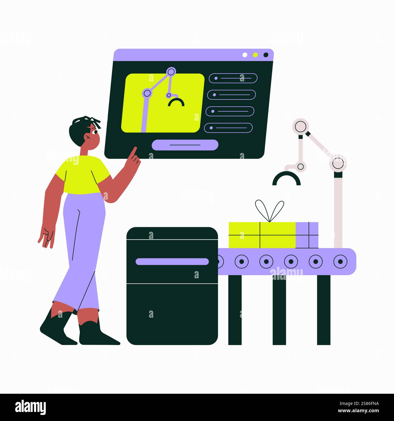 Robot And Worker Monitoring Conveyor Belt In Flat Vector Illustration ...
