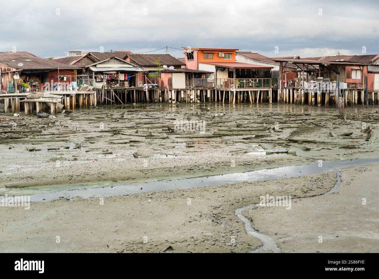 View of traditional Chinese clan jetties during low tide on Penang ...