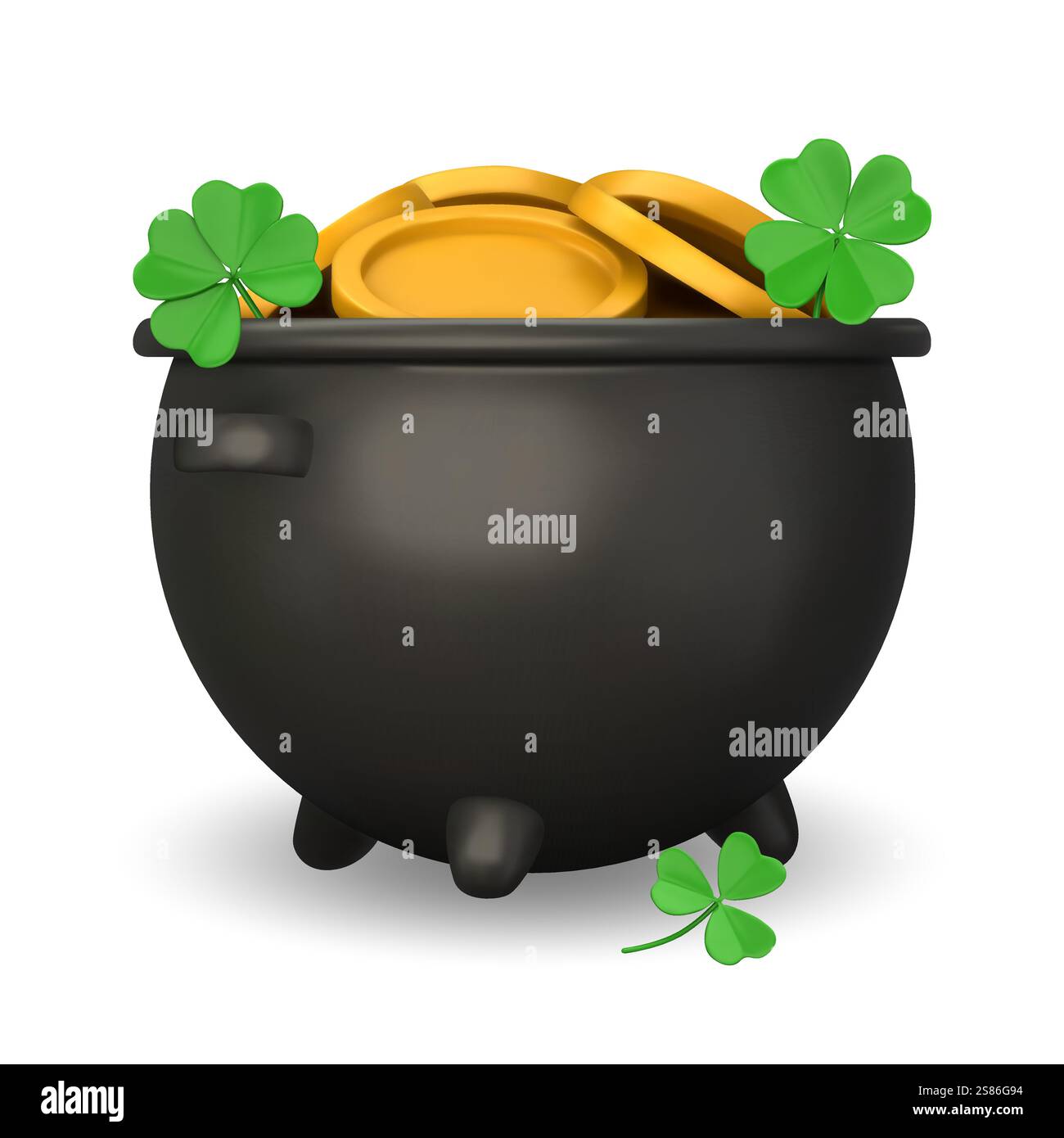3D black pot full of gold coins. Cauldron with four and three-leaf ...