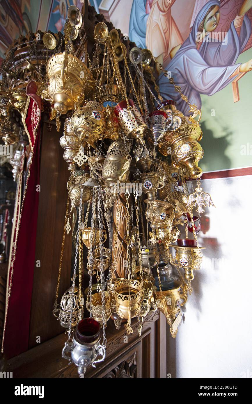 Eternal light traffic lights at Elona Monastery in the mountainous ...