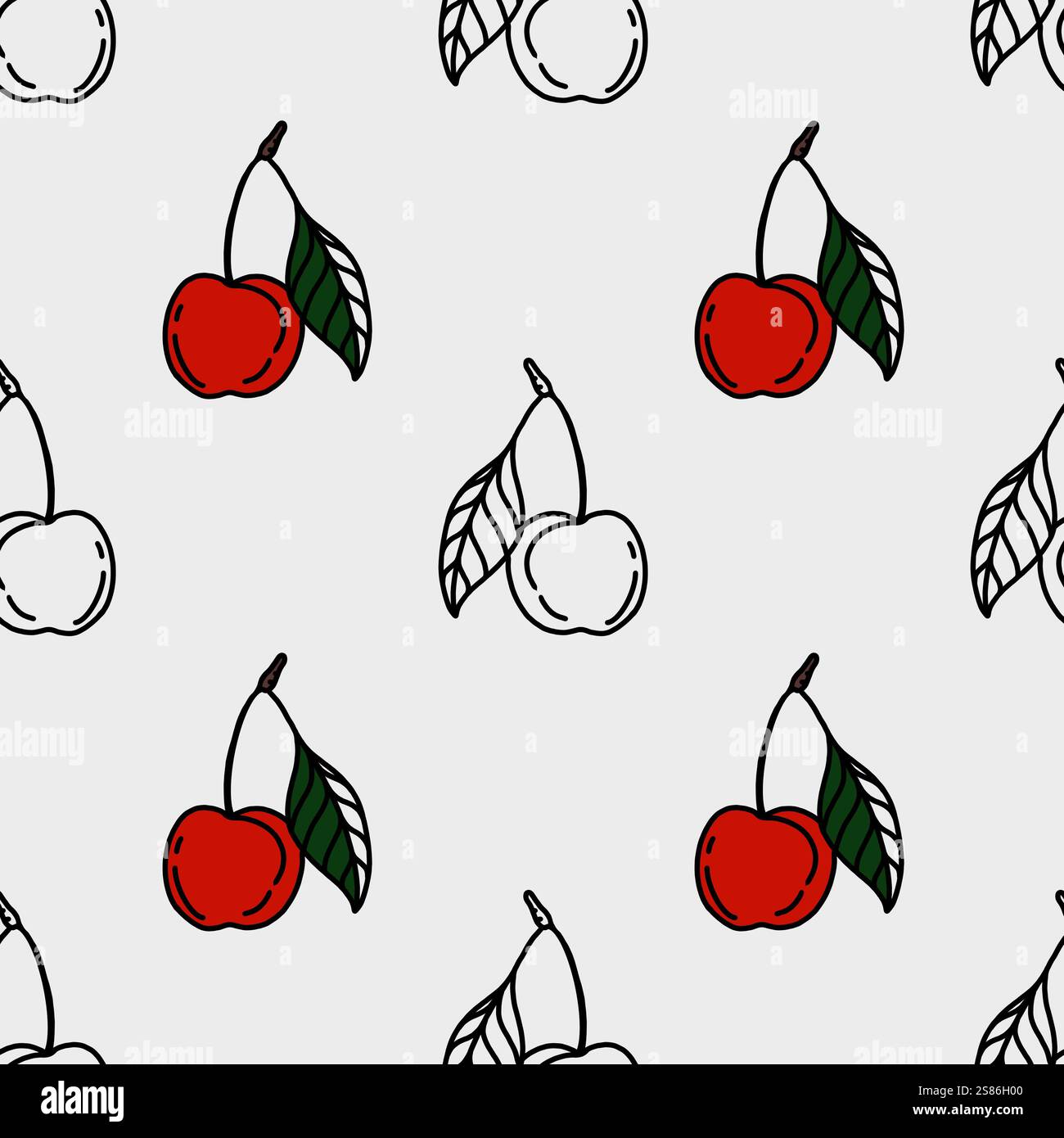 Cherry-themed seamless pattern featuring vibrant fruit and leaves on a ...