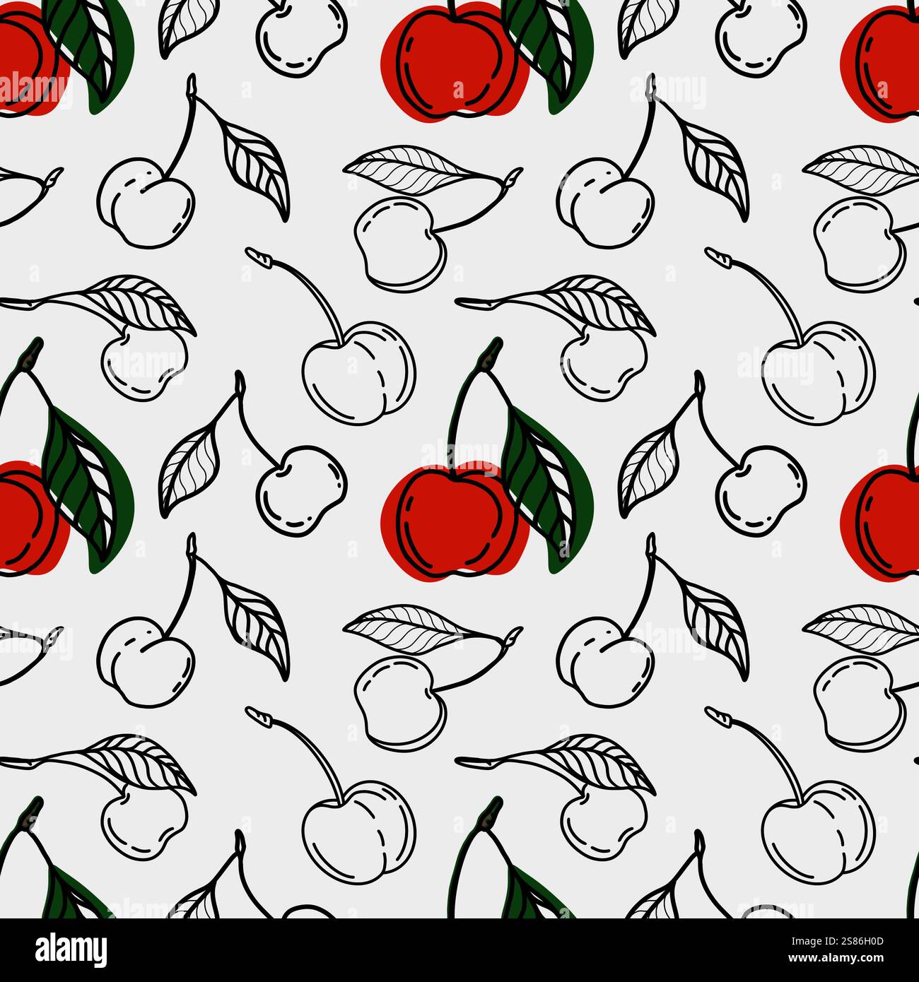 Seamless cherry print featuring ripe and unripe fruits with leaves on a ...