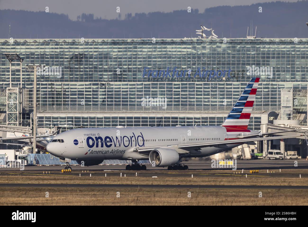 Aircraft in front of the terminal with the lettering Frankfurt Airport ...