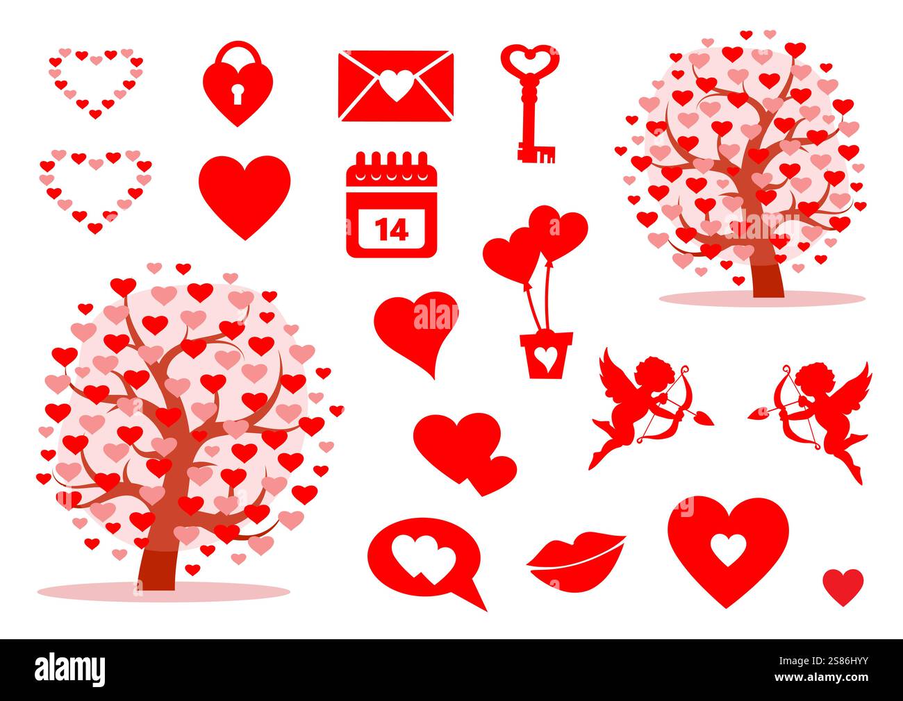 Romantic themed illustrations featuring hearts, trees, and symbols ...