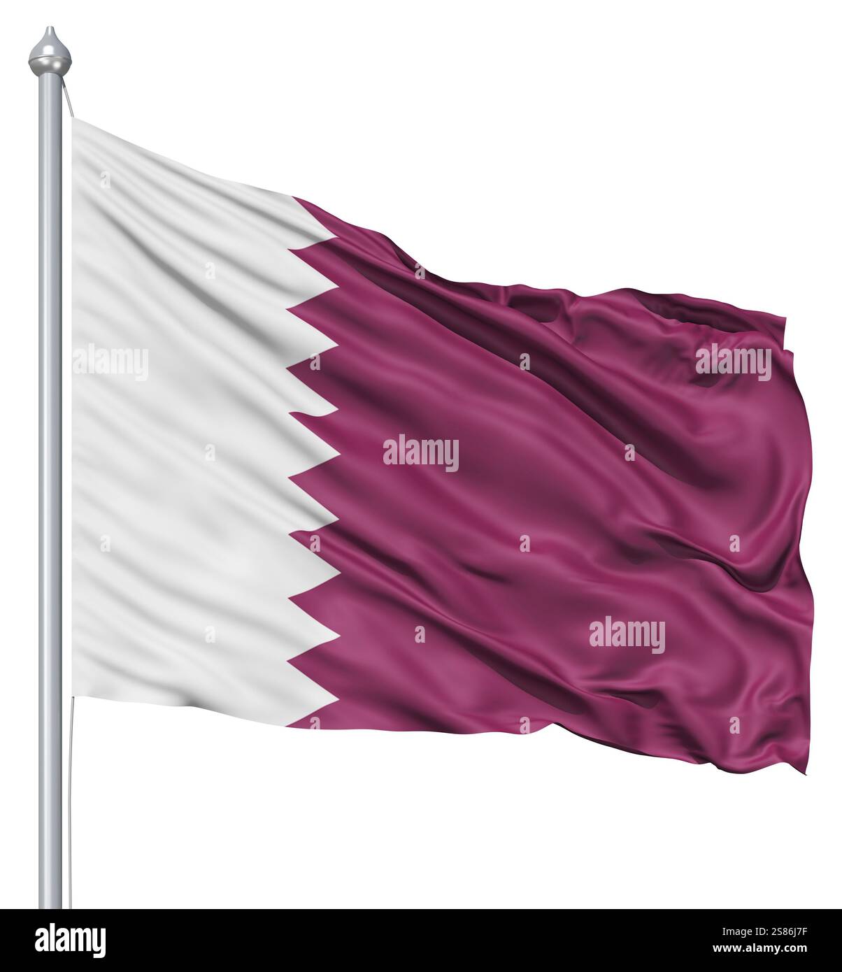 Flag of Qatar with flagpole waving in the wind against white background ...