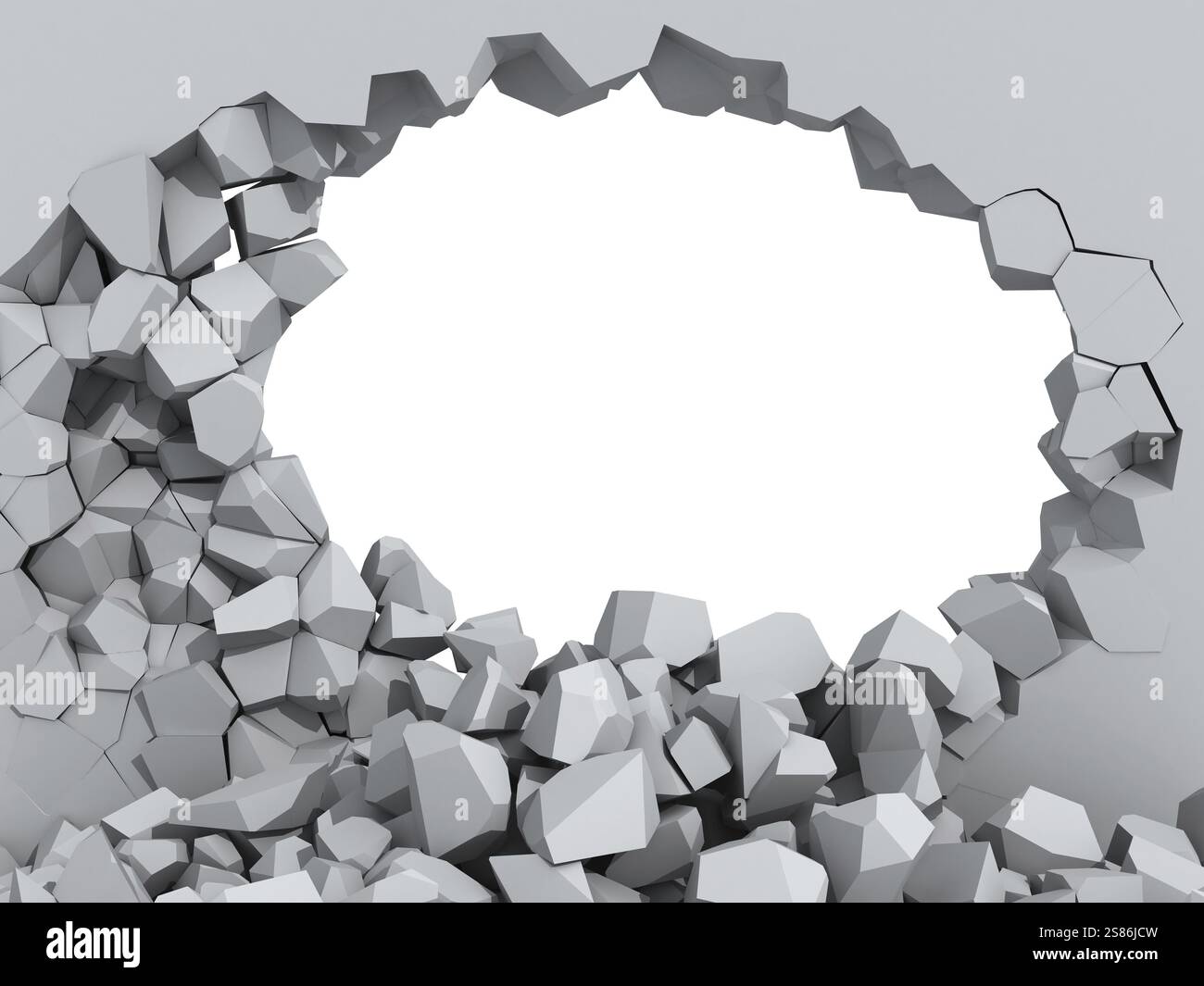 3d illustration of a crumbling concrete wall and a large hole with ...