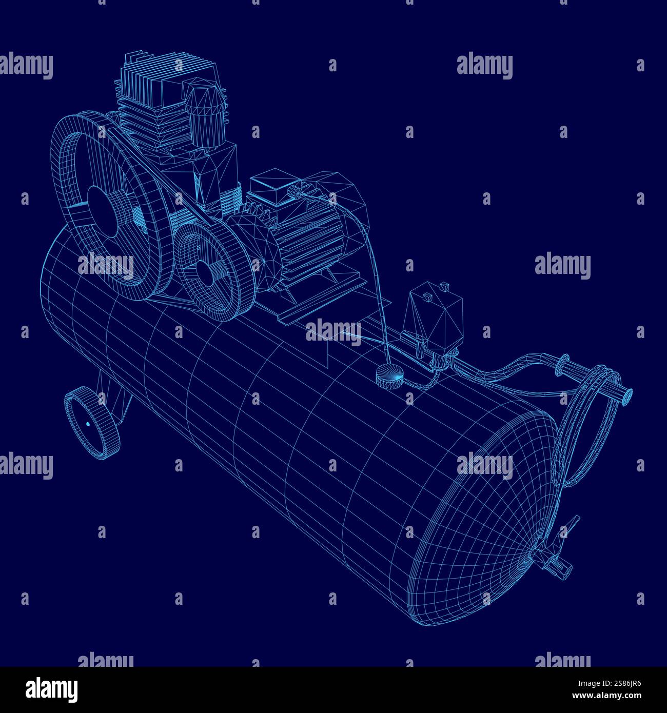 Blue image of a compressor. The compressor is shown in a 3D format ...