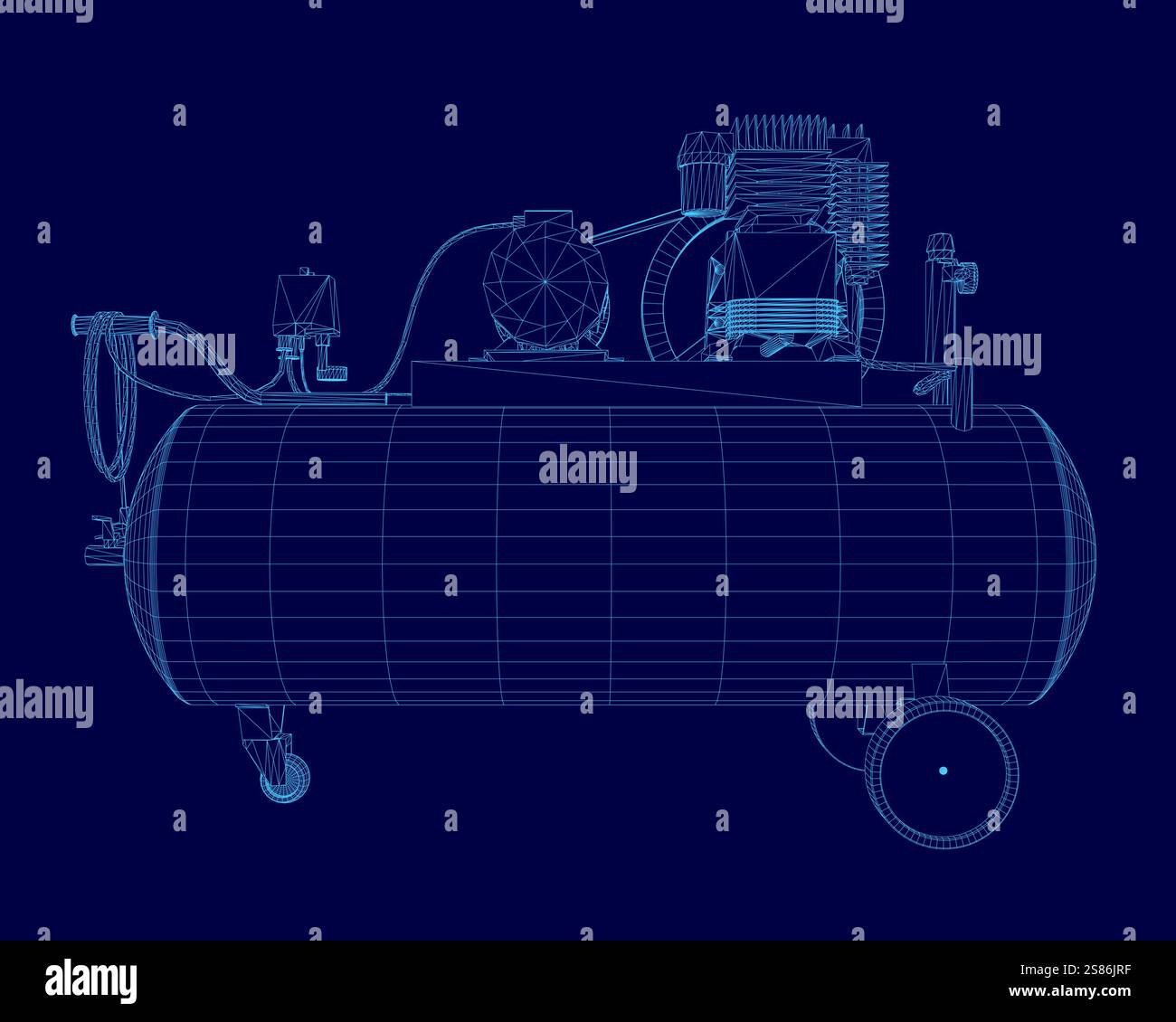 Blue drawing of a compressor. The compressor is shown in a 3D view. The ...