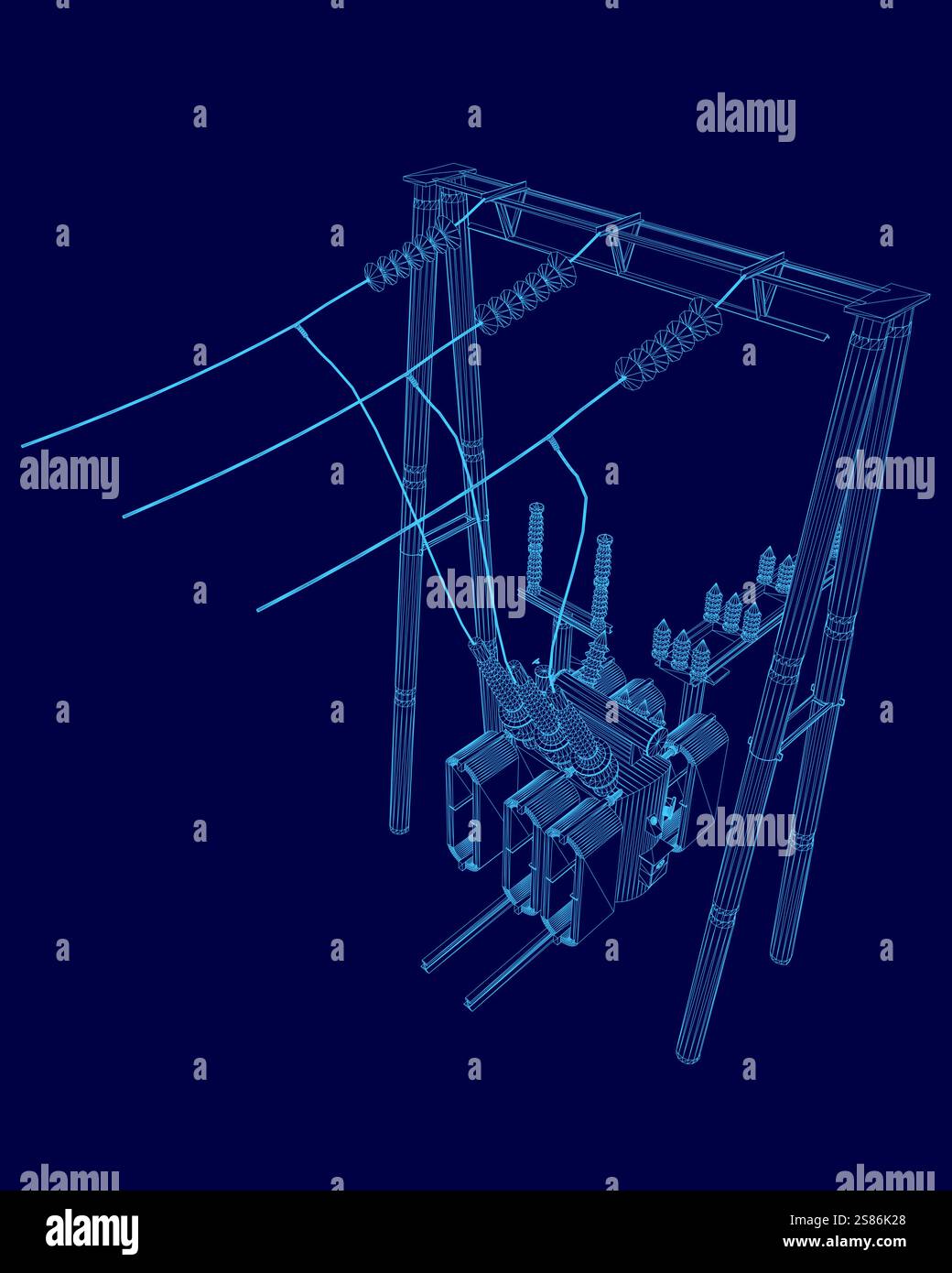 Blue drawing of a power line with a transformer. The drawing is in a 3D ...