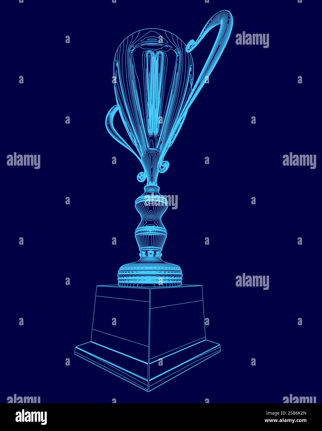 Blue trophy is shown in a blue background. The trophy is tall and has a ...