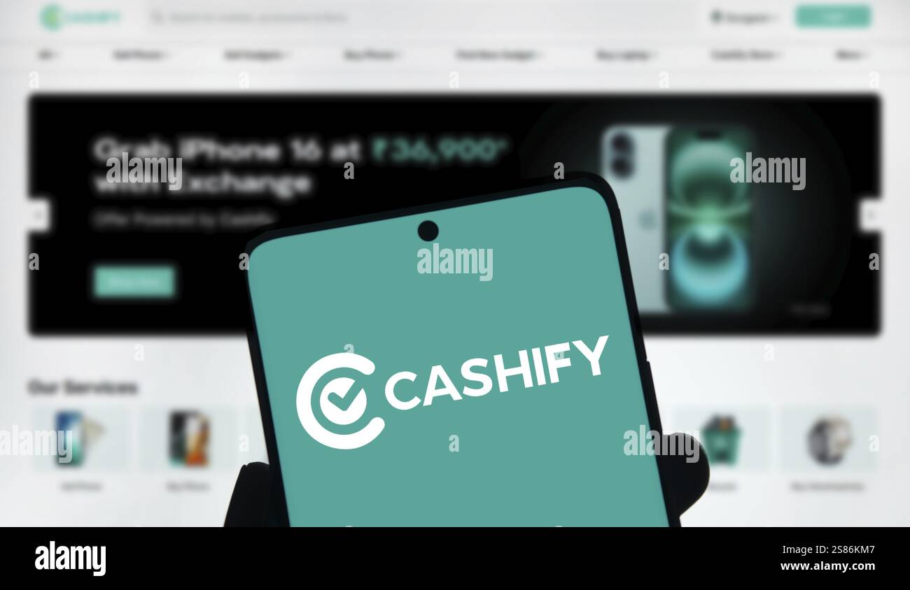 Cashify logo is displayed on smartphone. Cashify is a leading online ...