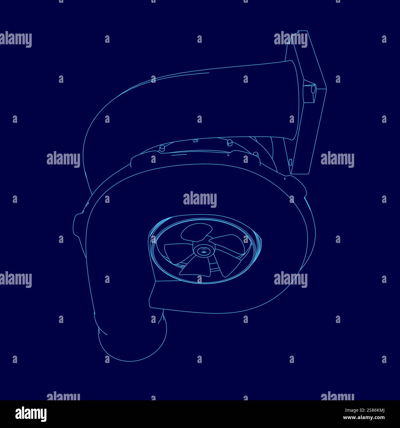 Blue drawing of a car turbo part of engine with a fan on top. The fan ...