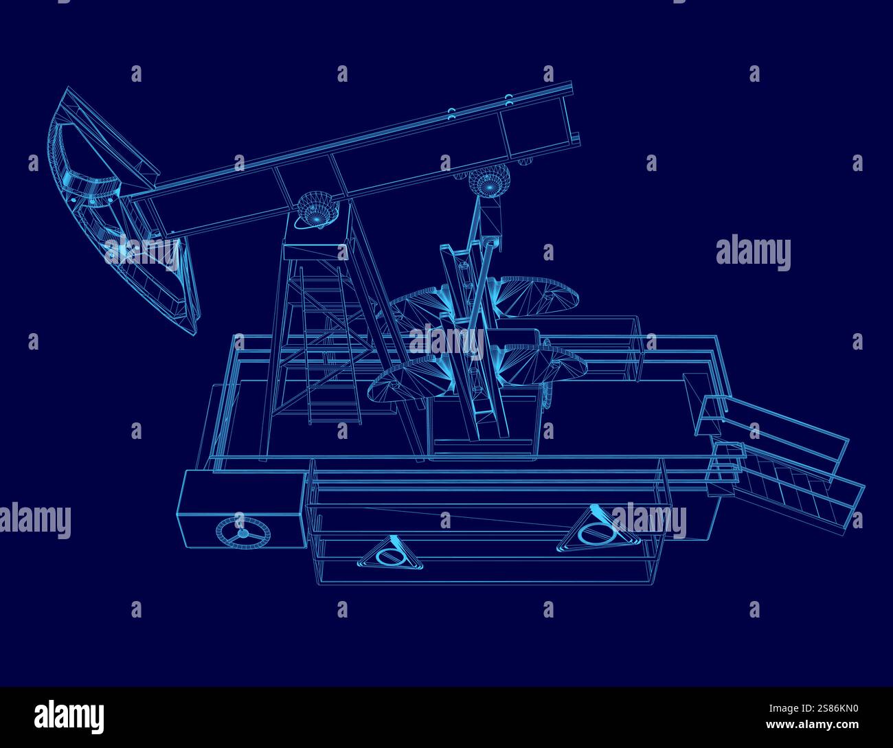 Blue drawing of a piece of machinery with a blue background. The ...