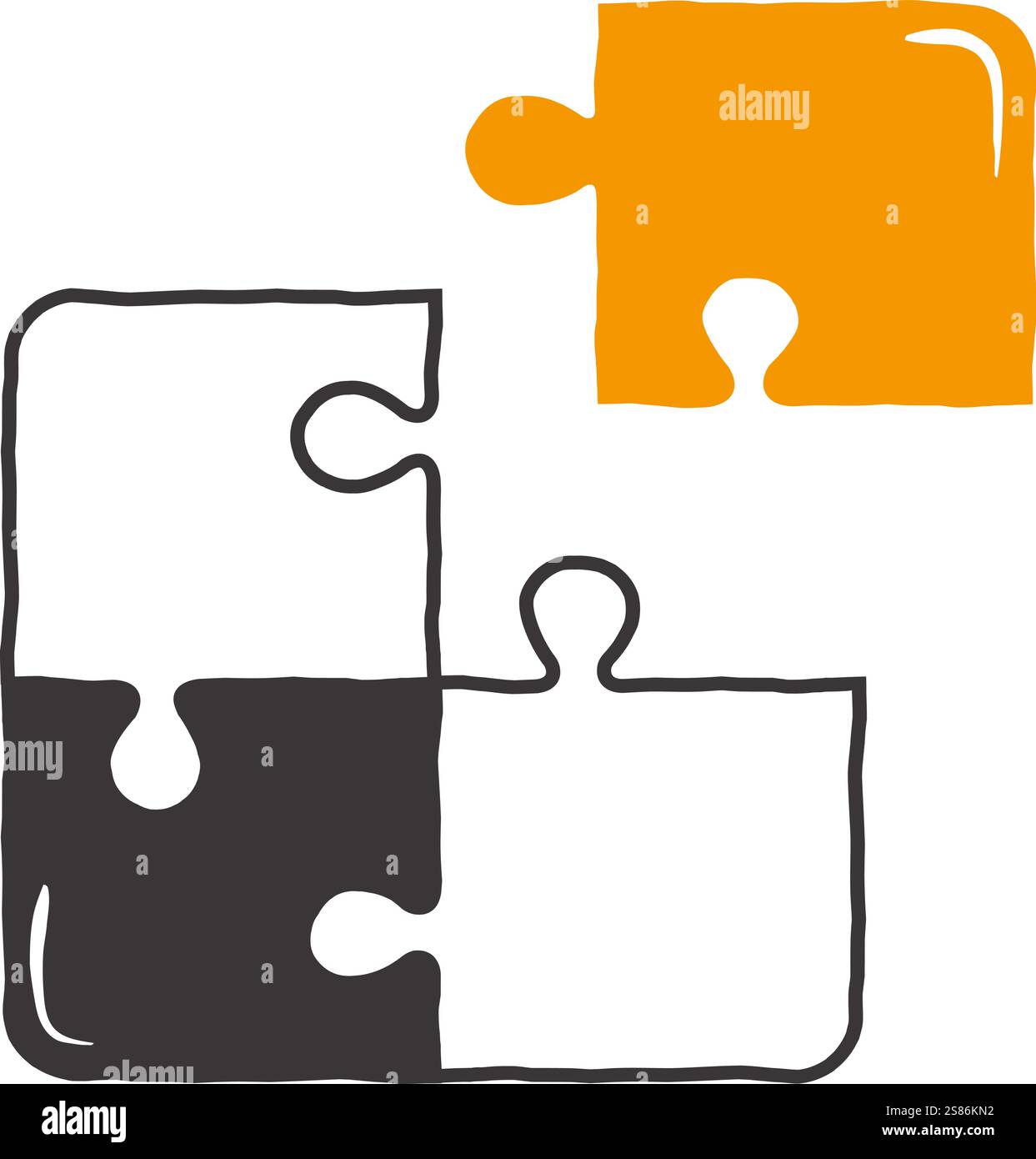 Minimalist hand-drawn illustration of puzzle pieces with one missing orange piece, symbolizing ...