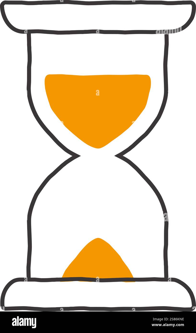 Simple hand-drawn hourglass with orange sand and a black outline on a ...