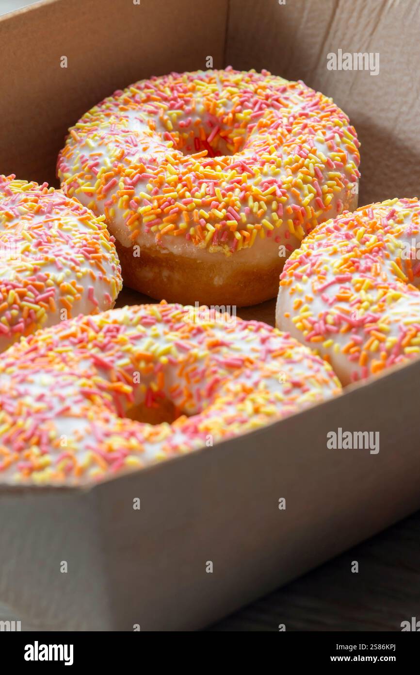 Iced ring doughnuts sprinkled with hundreds and thousands in a card ...