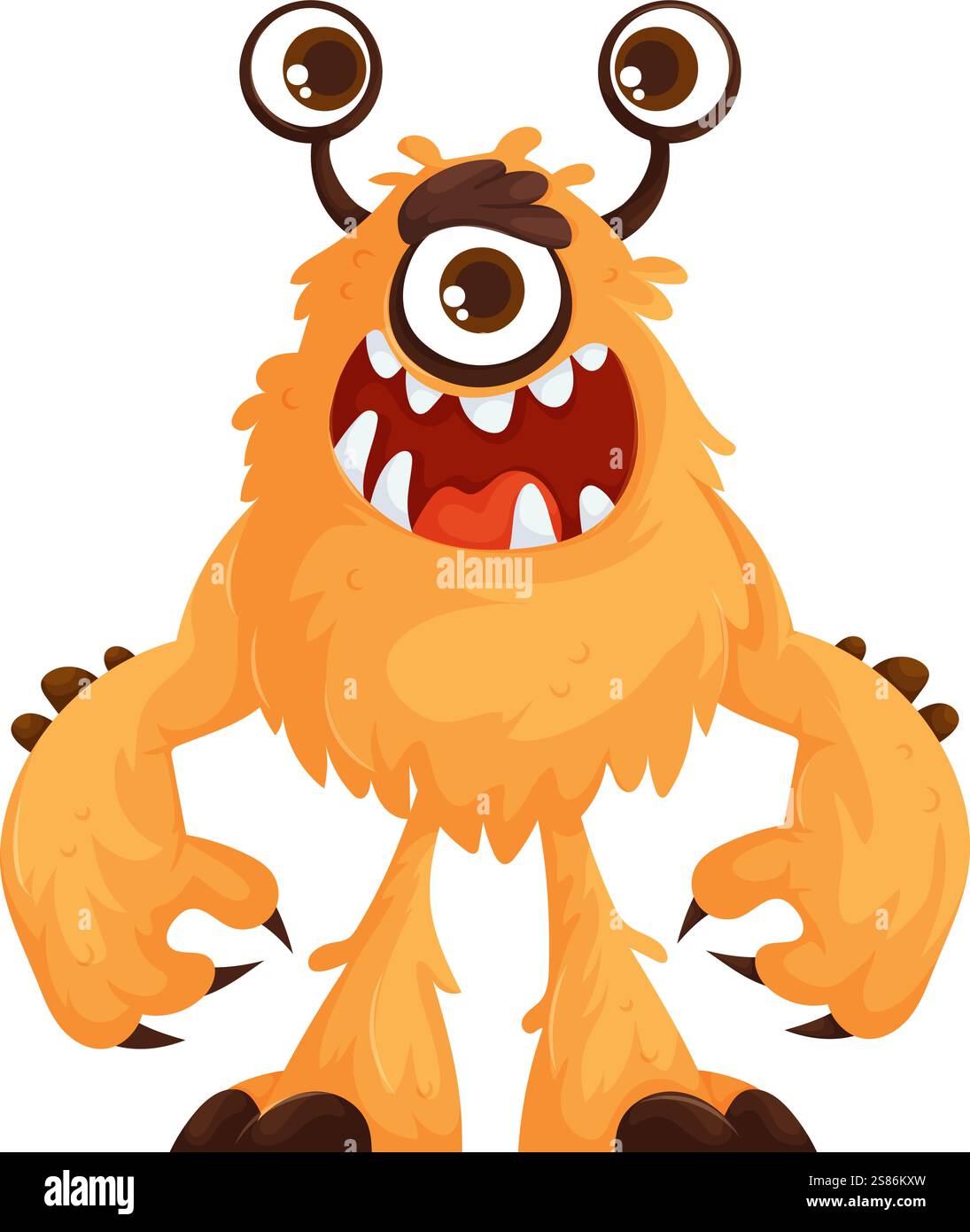 Playful orange cartoon monster with one large eye, two stalk eyes ...