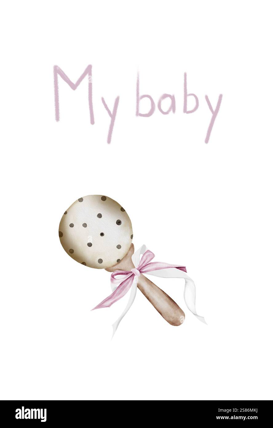 Baby rattle toy watercolor card. Isolated clip art on a white ...