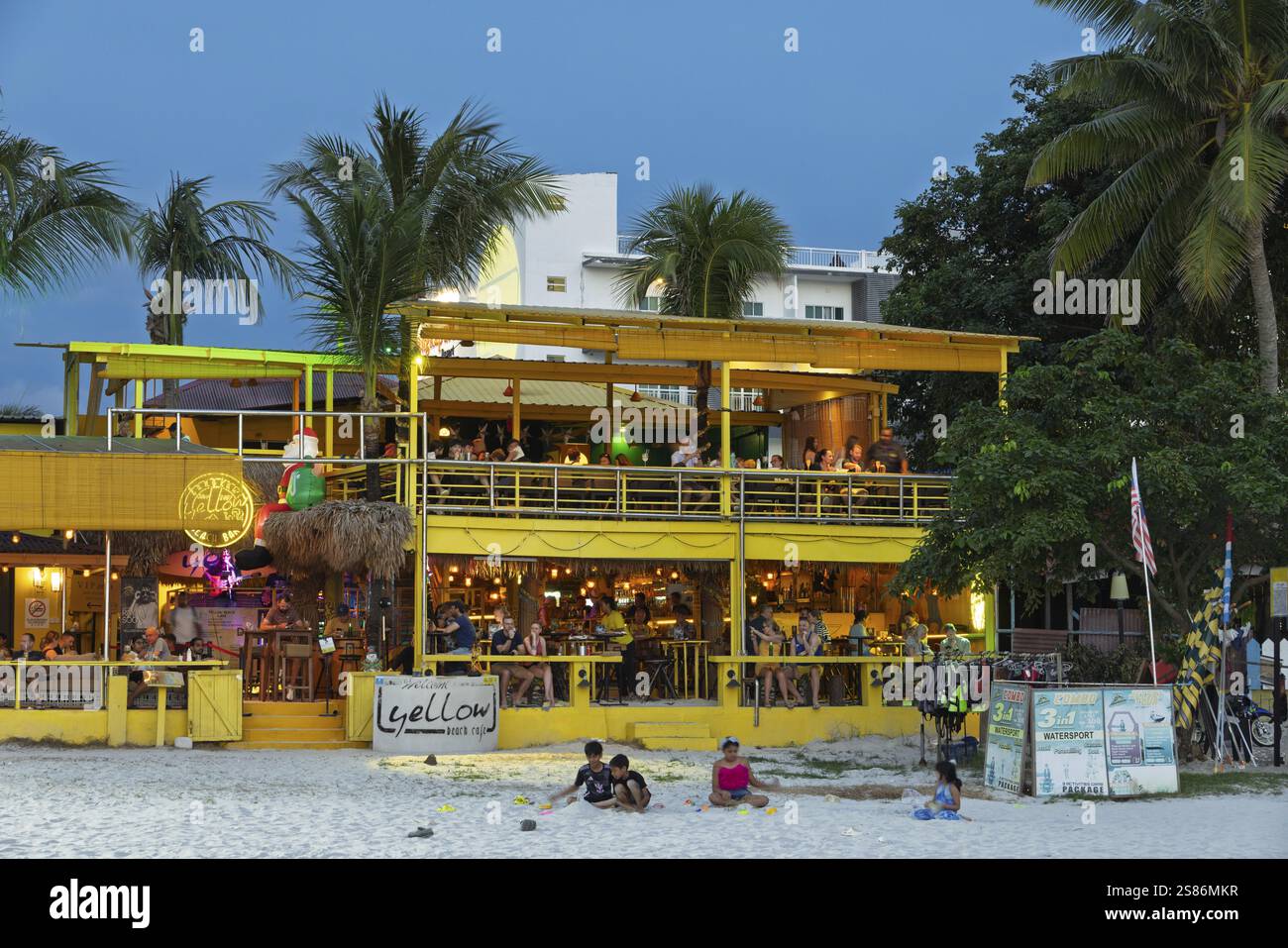 Beach bar, Yellow Cafe, on the sandy beach, Chenang Beach, Langkawi ...