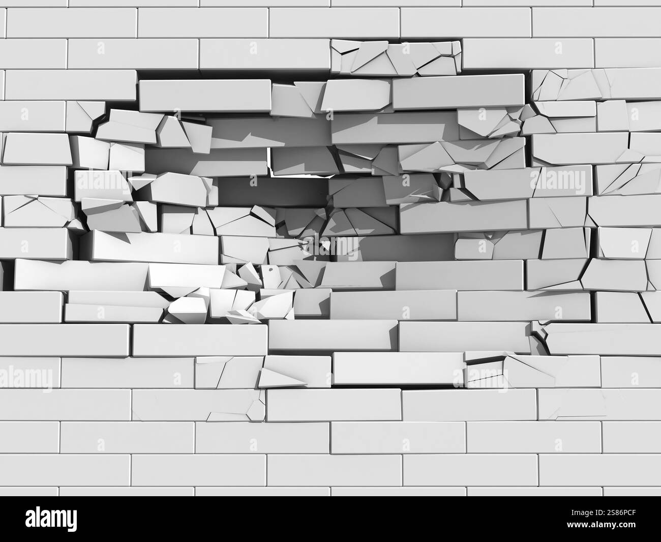 3d illustration of a crumbling brick wall with debris and chunks of ...