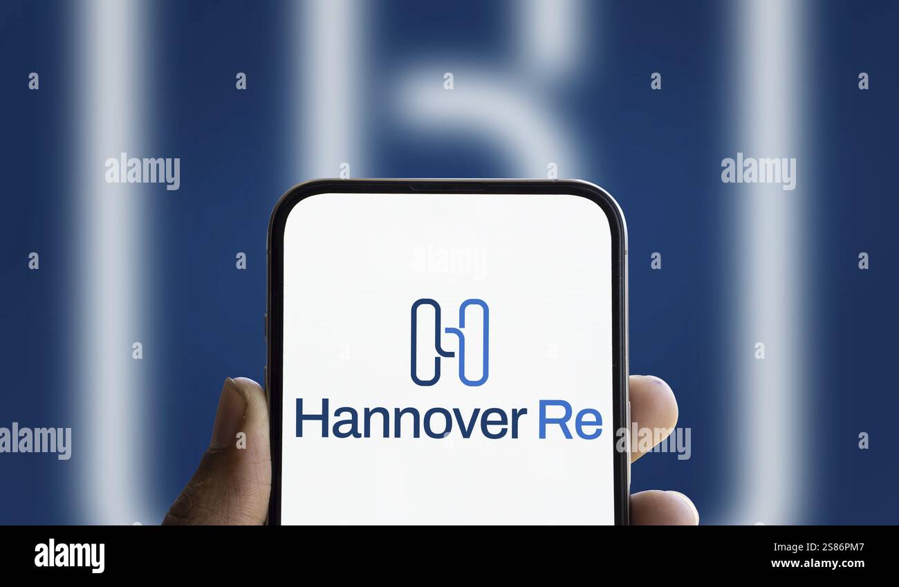 Hannover re logo is displayed on smartphone.Hannover Re is a ...