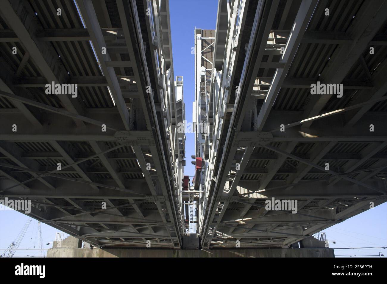 Openable railway and car bridge in the Antwerp port area Stock Photo ...