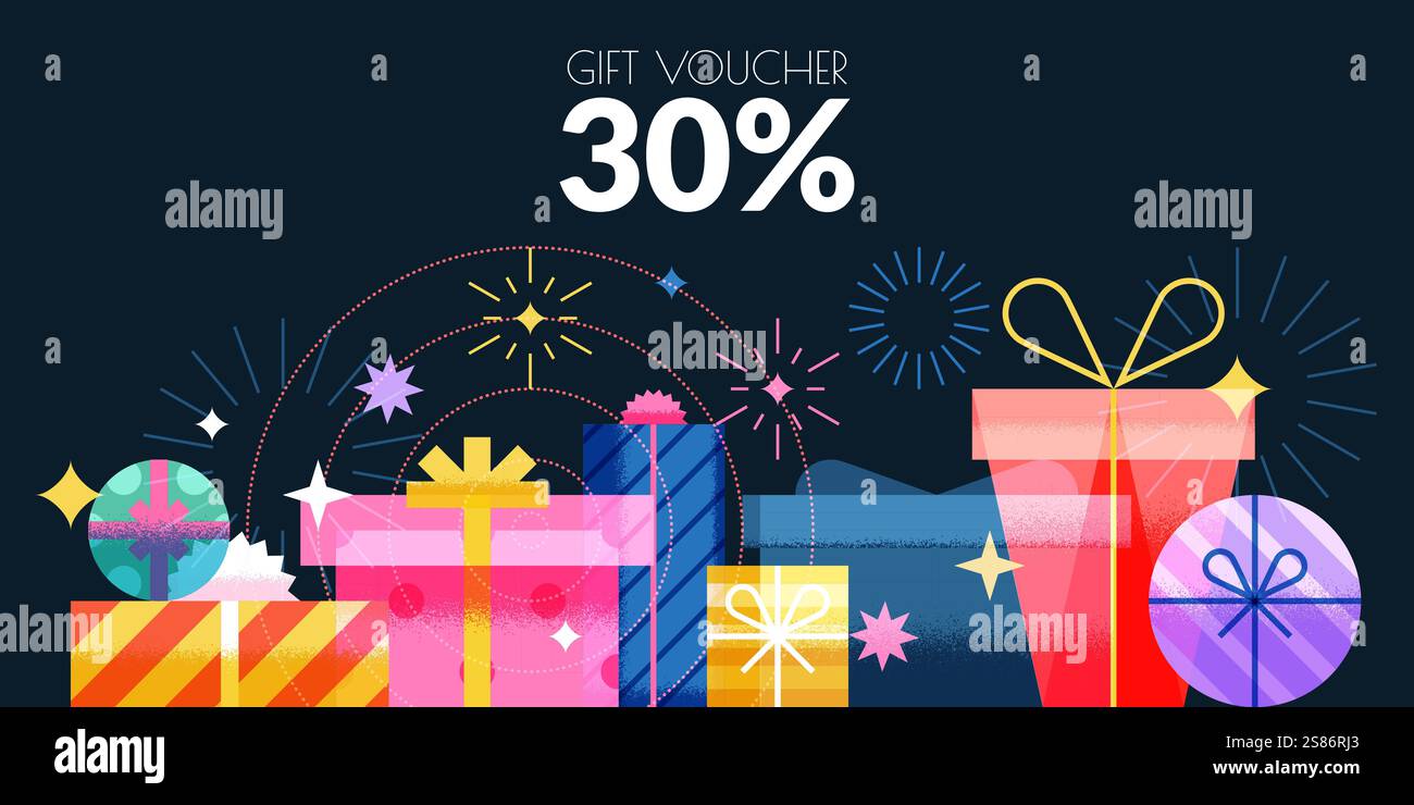 Colorful transparent gift boxes and fireworks on black background ...