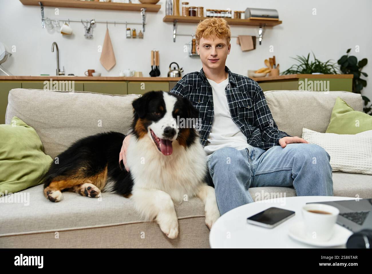 A young redhead man relaxed on the couch with his cheerful Australian ...
