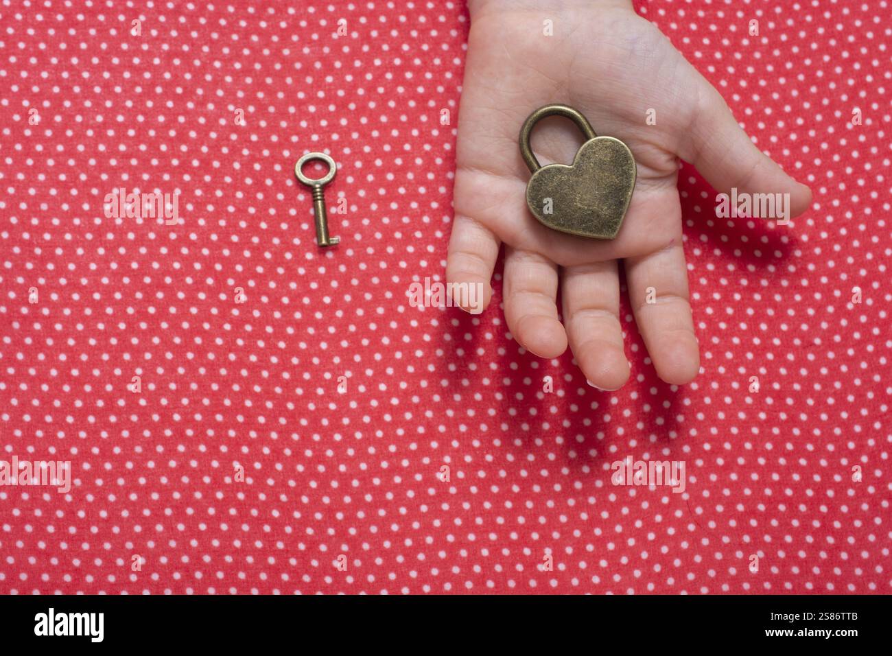 Hand holding a heart shaped lock and key on a red background Stock ...