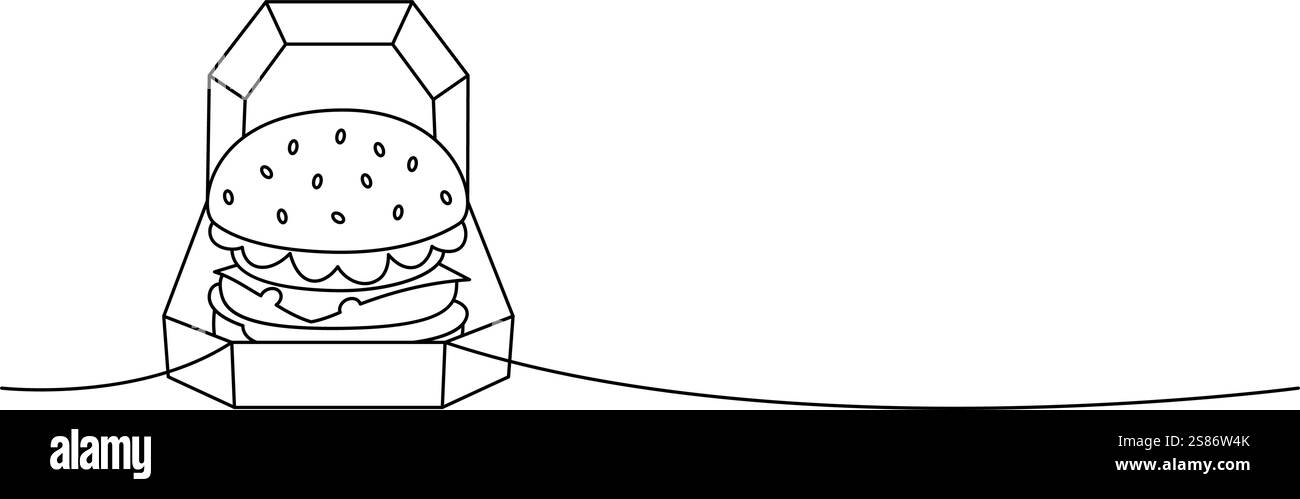 Hamburger in box one line continuous drawing. Traditional American fast ...