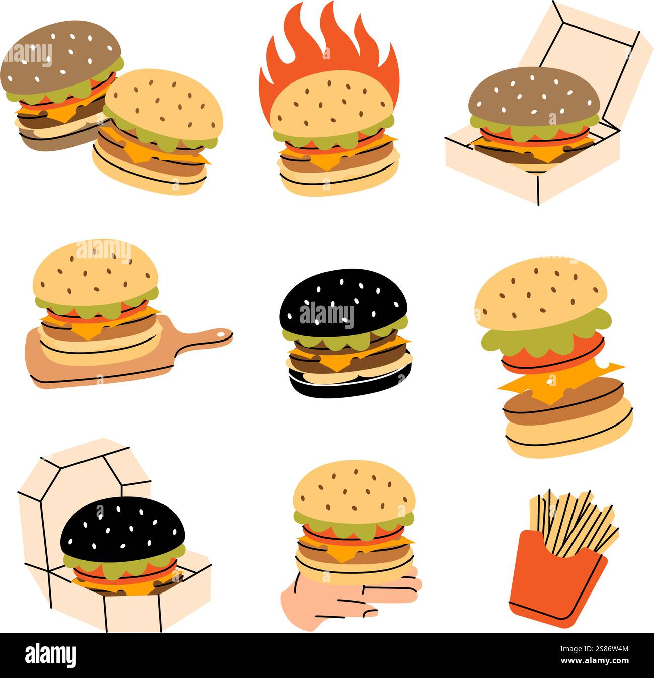 Burger set. Traditional American fast food. Hand drawn elements for cafe menu, restaurants ...