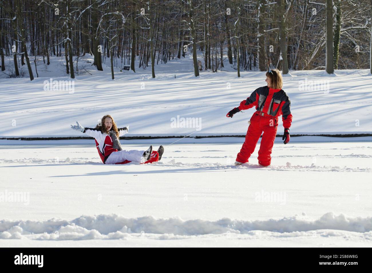 Middle aged woman pulling red sledge with her daughter across a snow ...