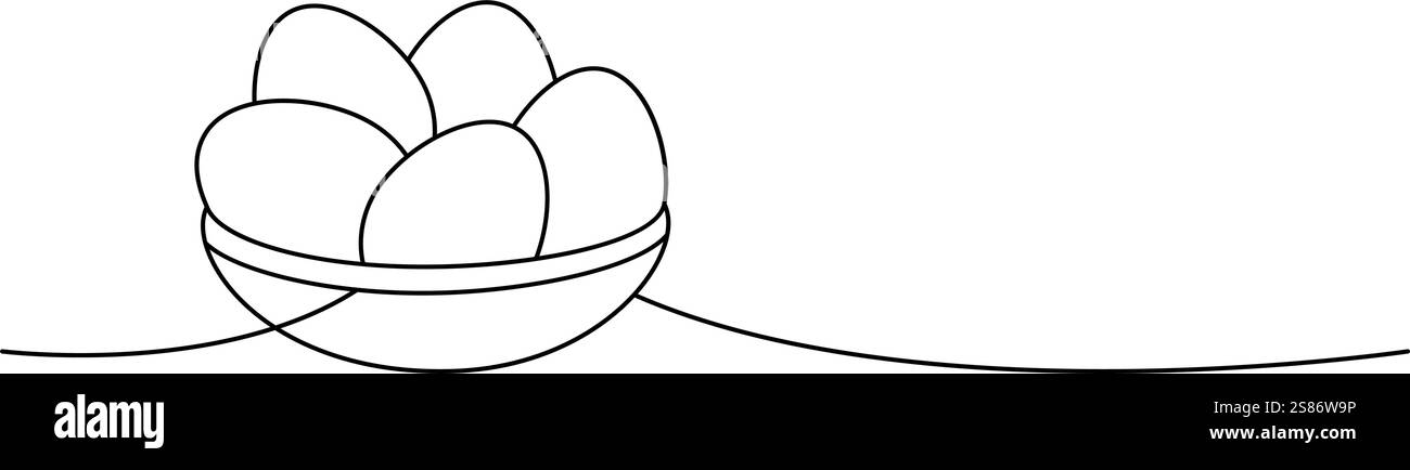 Bowl of chicken eggs one line continuous drawing. Organic farm product ...