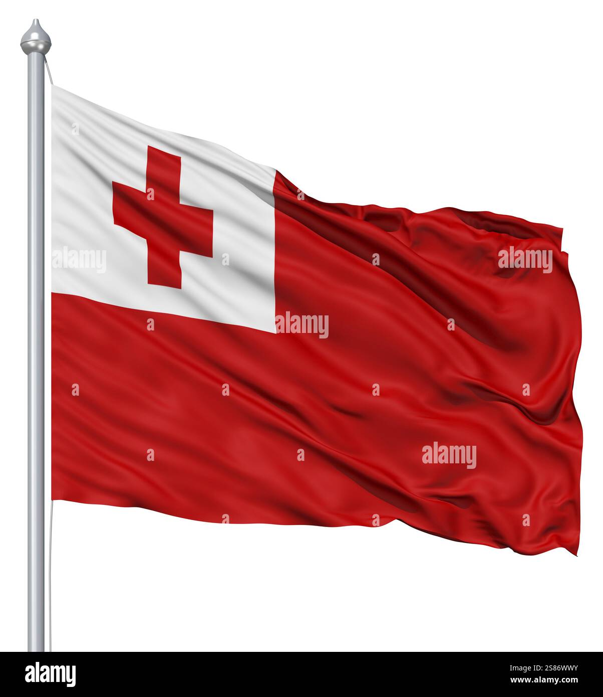 Flag of Tonga with flagpole waving in the wind against white background ...