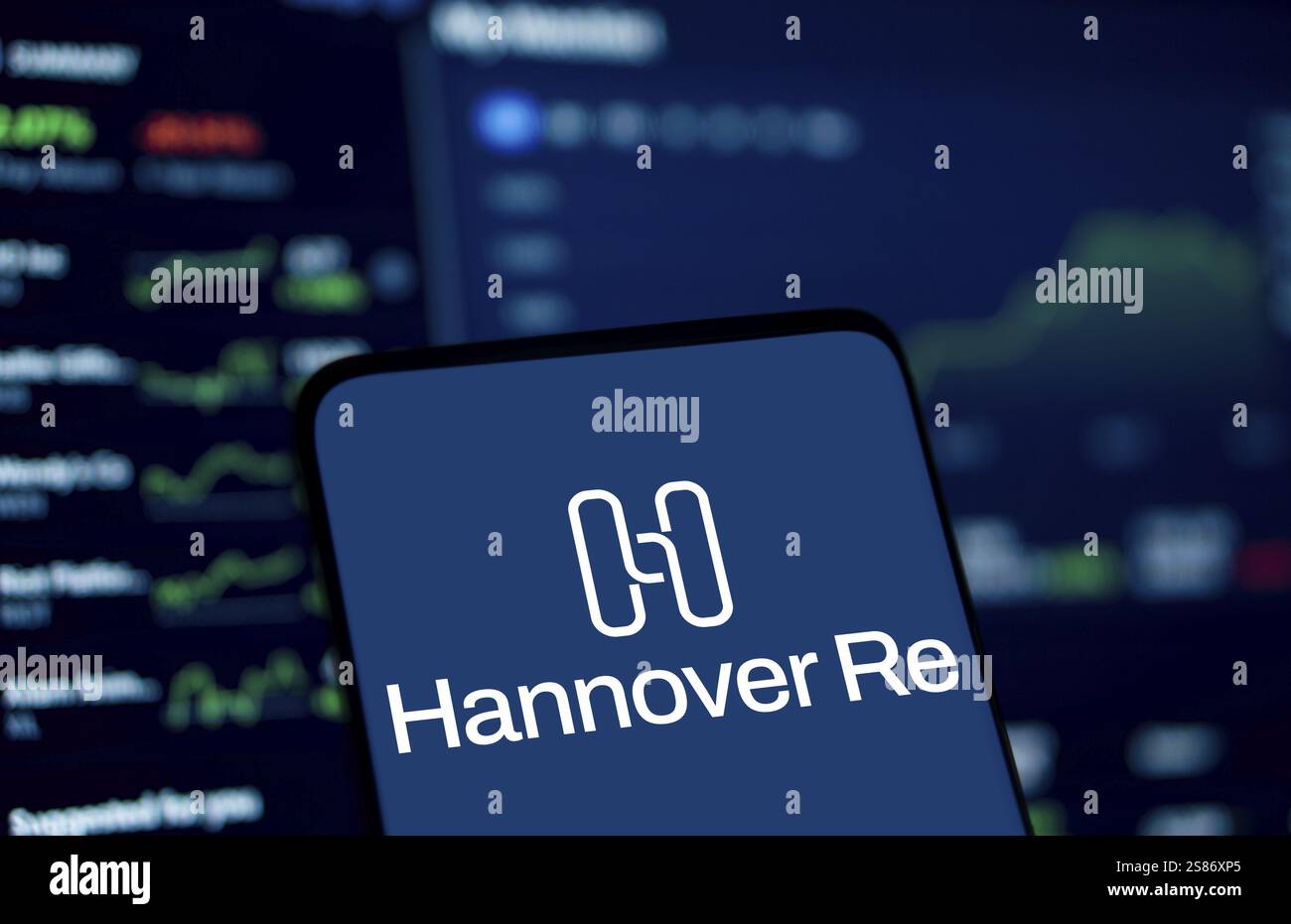 Hannover re logo is displayed on smartphone.Hannover Re is a ...