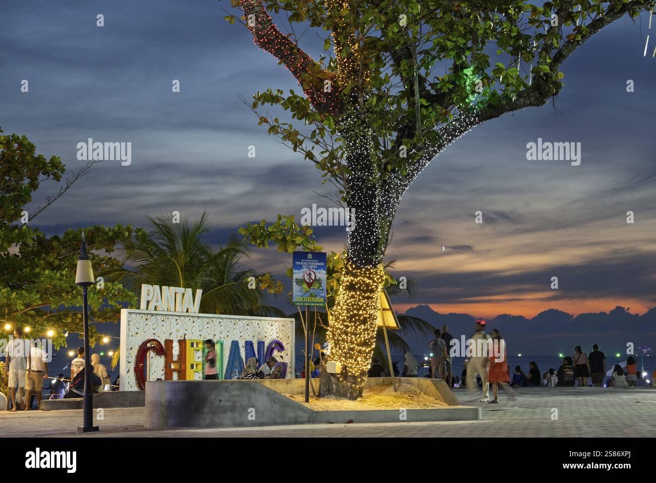 Tree, illuminated, promenade with people, evening, Chenang Beach ...