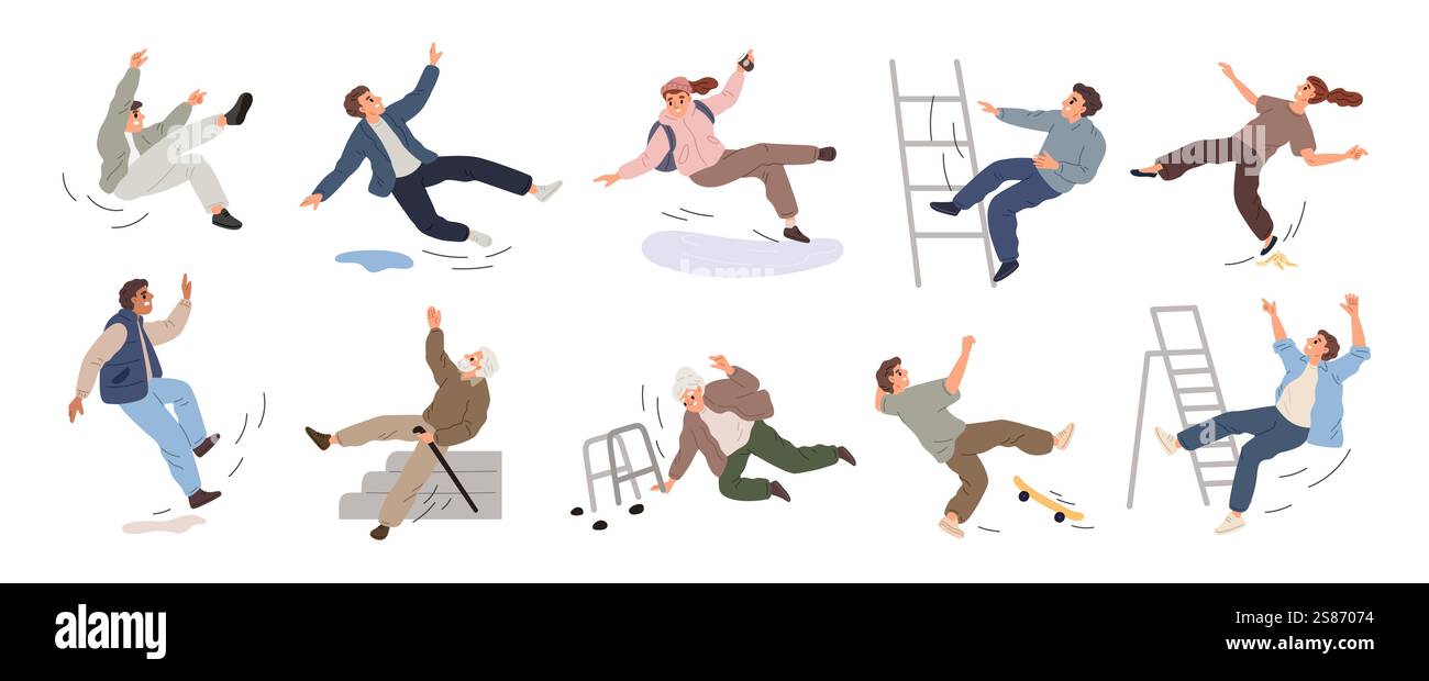 Slipping falling people. Retired men and women stumble on the stairs ...