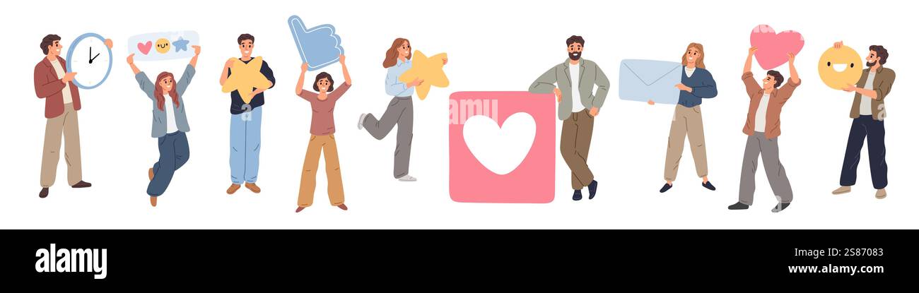 Tiny people hold large social media icons. Men and women with items ...