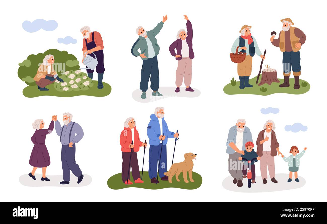 Retirees activities. Elderly people various hobbies. Grandparents ...