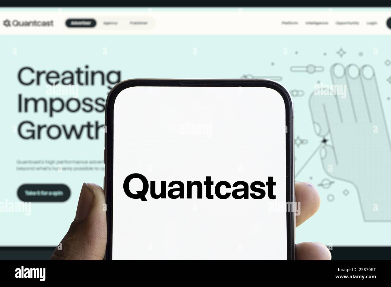 Quantcast logo is displayed on smartphone. Quantcast is an American technology company Stock ...