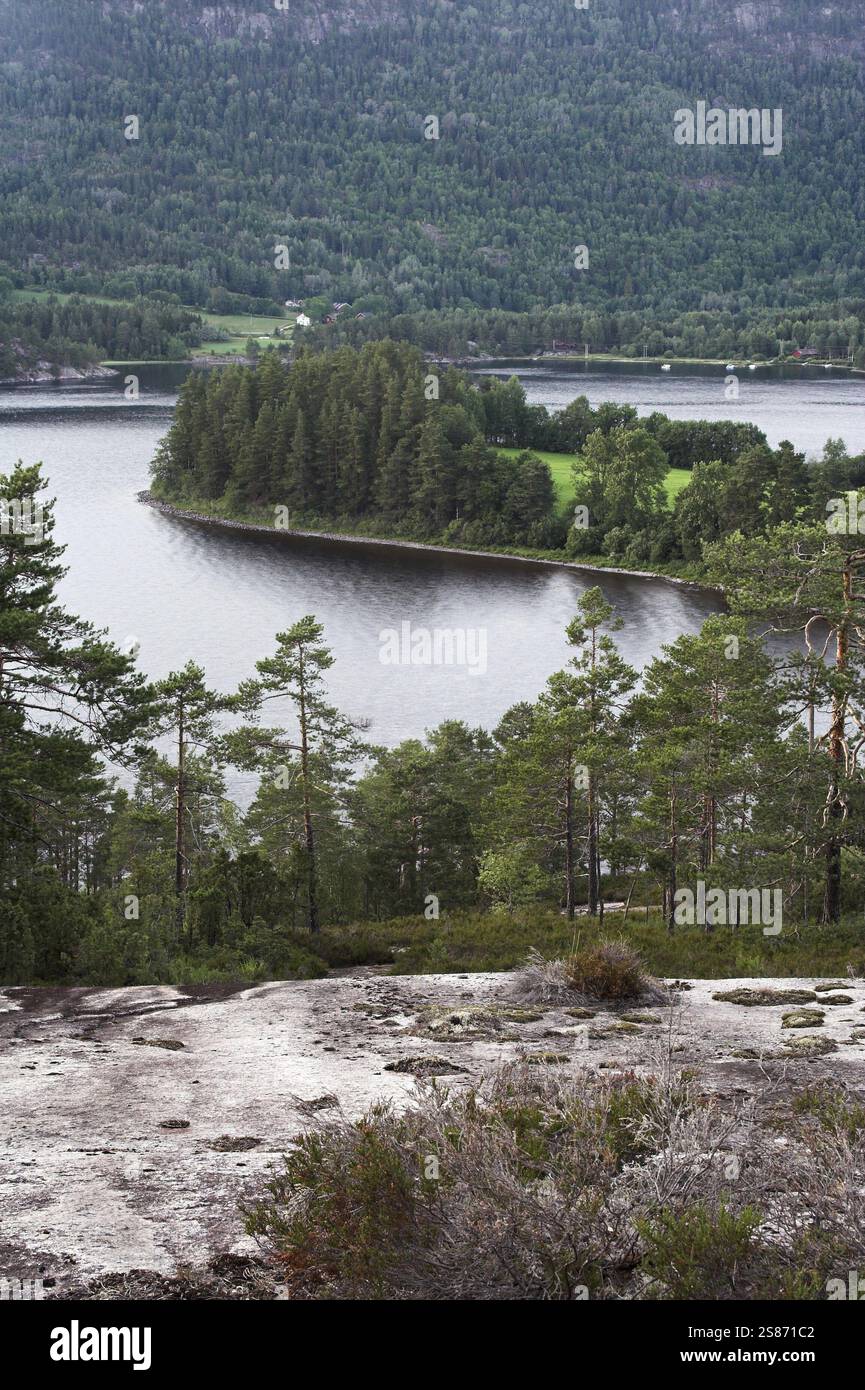 Seljord lake, Norway, surrounded by mountains and woods, village on the ...