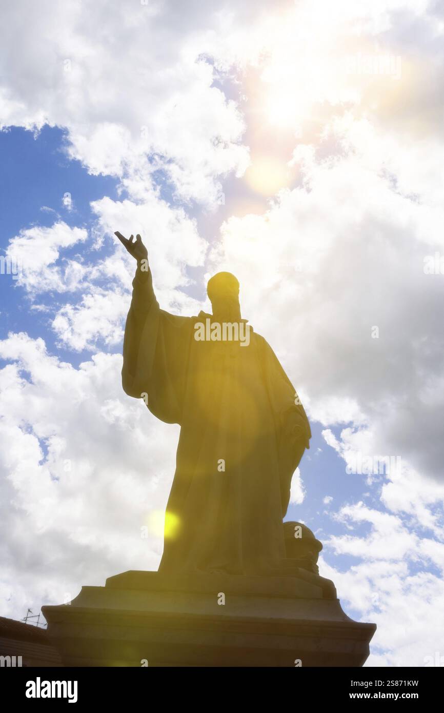 An image of Saint Benedict statue in Nursia Italy with light ...