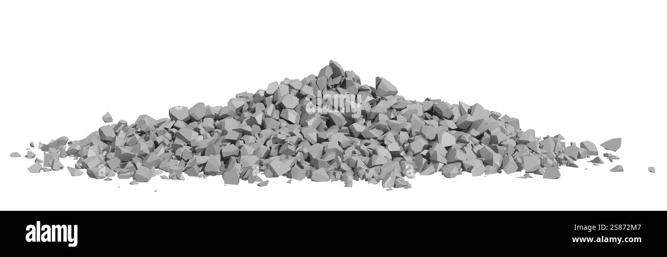 Rock rubble and pebbles in a small pile isolated on a white background ...