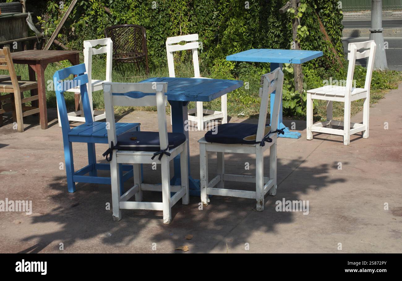 Empty beautiful tables and chairs at lockdown city street, coronavirus ...