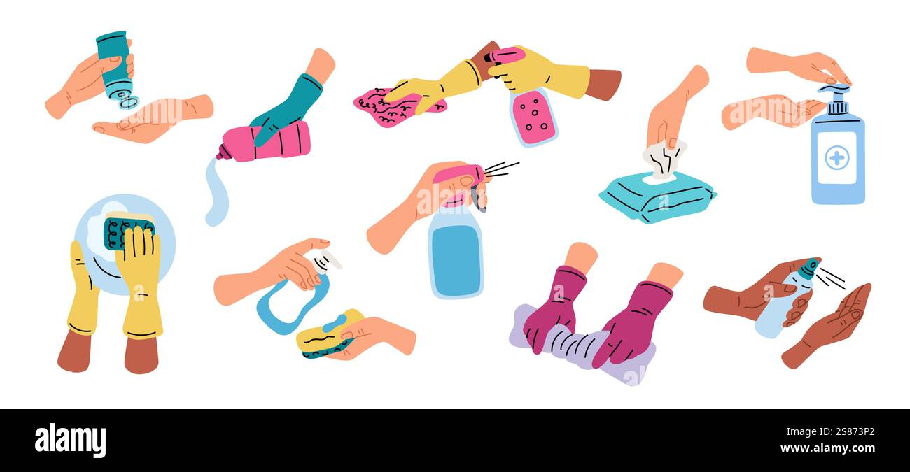 Disinfection spray using. Sanitization process. Hands in rubber gloves ...