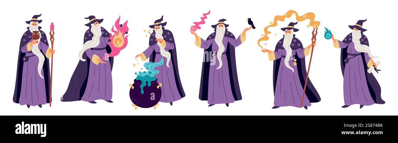 Cartoon magician character. Old wizard with beard and cap. Mystery man ...