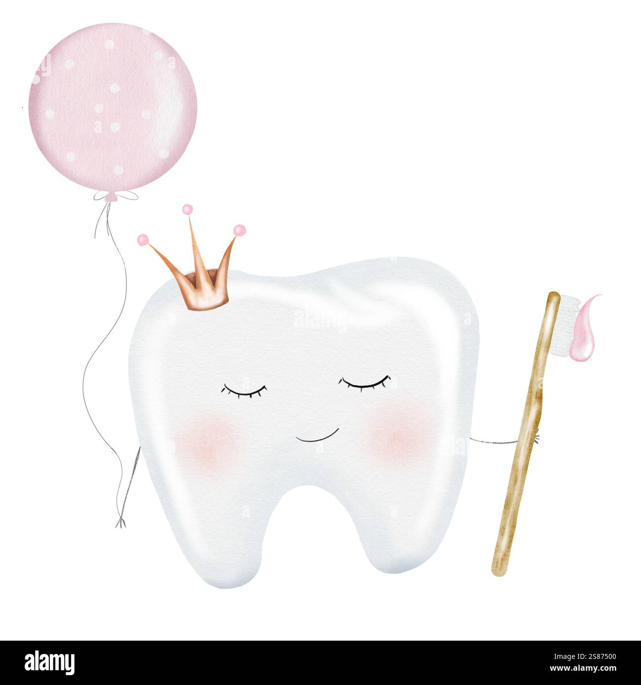 Tooth watercolor. Baby cute cartoon molar with crown, with a toothbrush ...