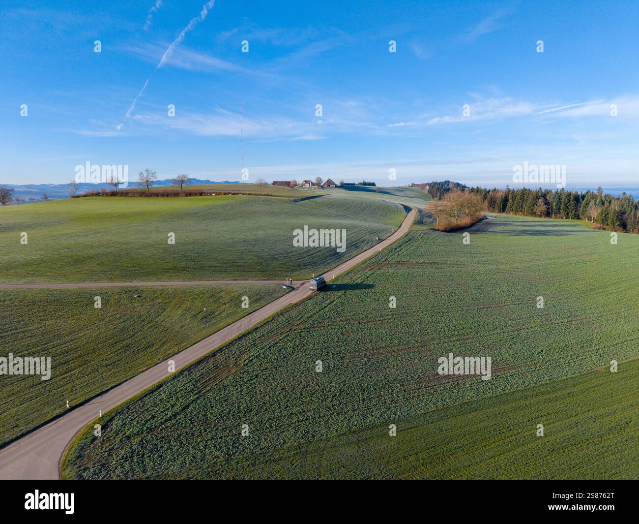 Aerial view of green fields and road in Ruswil, Switzerland Stock Photo ...