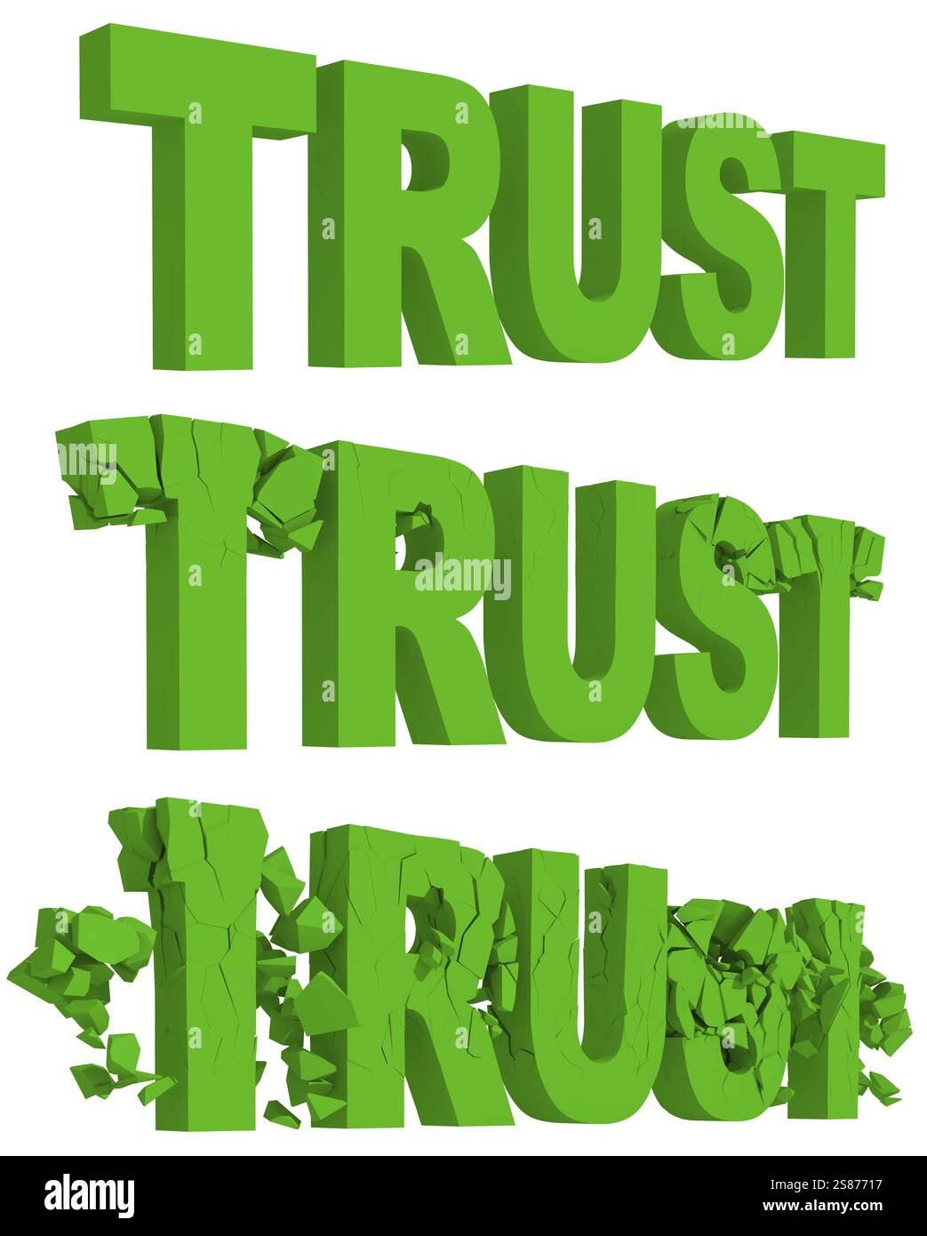Rendered illustration of the cracking and crumbling of the word Trust ...
